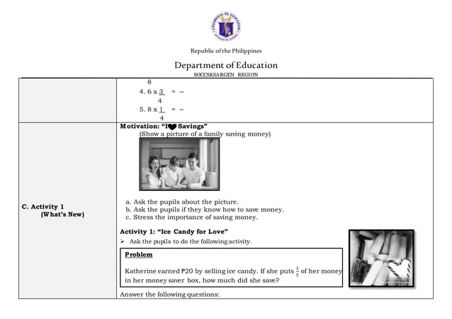 Exemplar math 5-q1-w7-m13 -l1- | DOCX | Educational Assessment | Education
