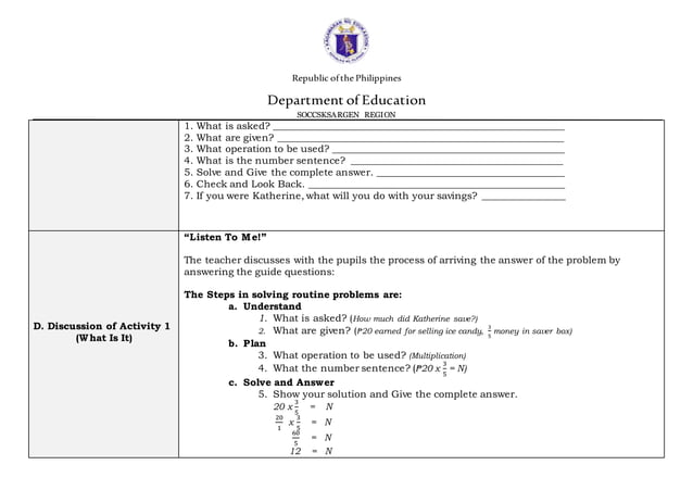 Exemplar math 5-q1-w7-m13 -l1- | DOCX | Educational Assessment | Education