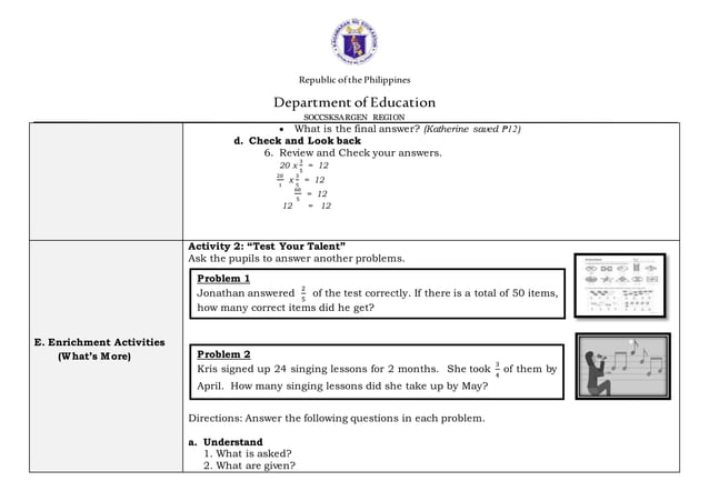 Exemplar math 5-q1-w7-m13 -l1- | DOCX | Educational Assessment | Education