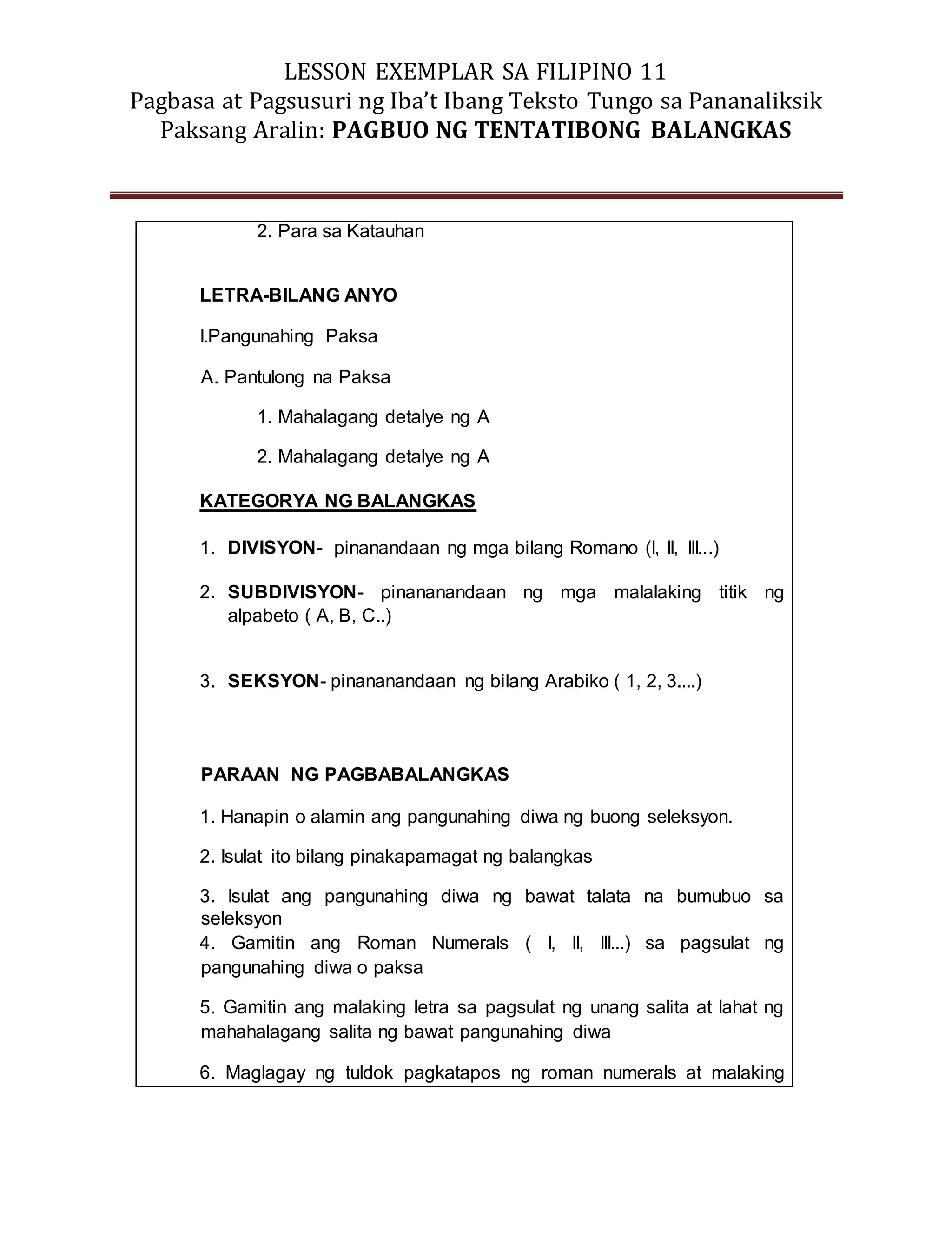 Lesson Exemplar sa Filipino 11 | DOCX