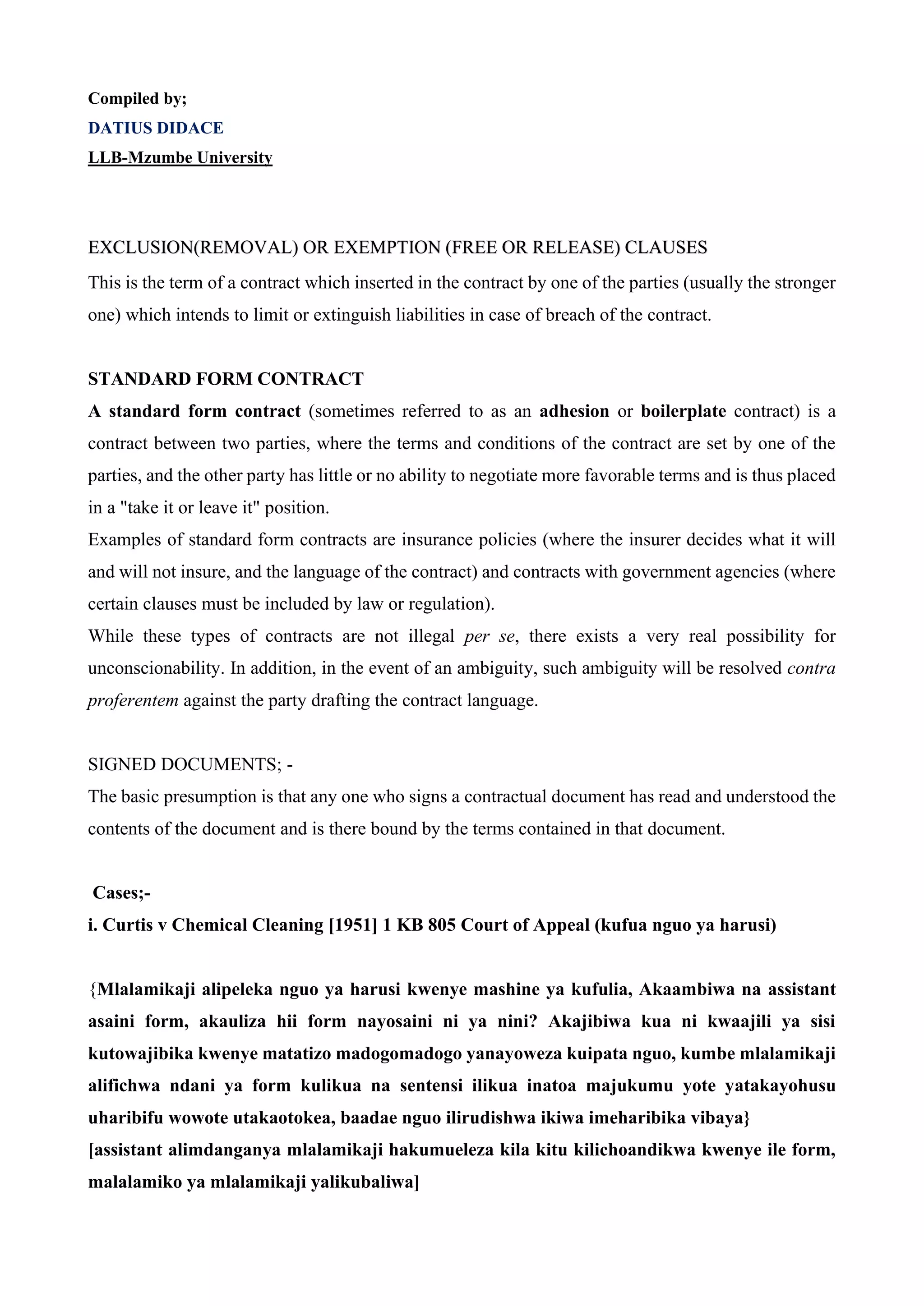 Exemption clauses and discharge (allow, release) of contract by DATIUS DIDACE | PDF