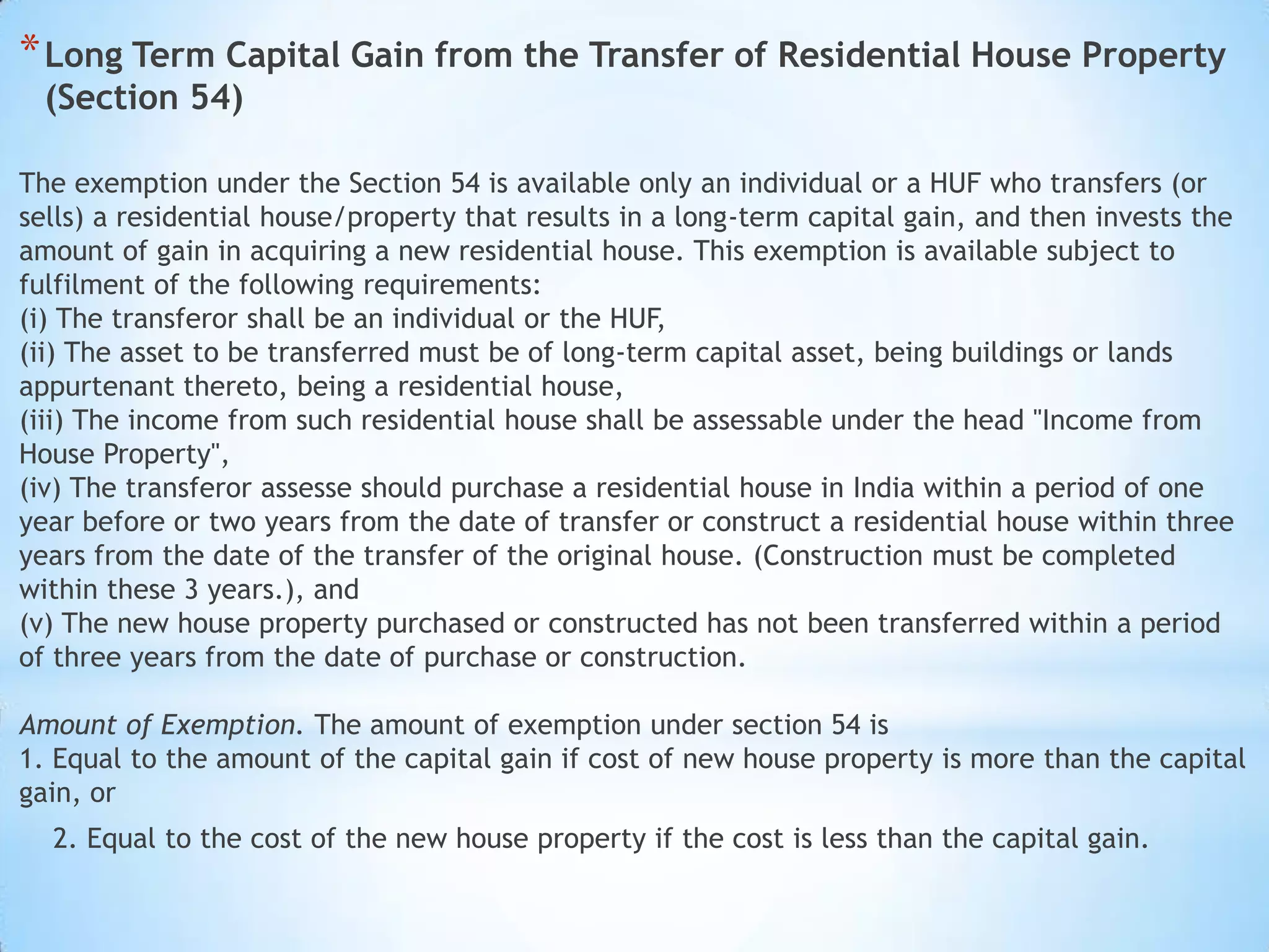 Exemptions from capital gains under sections 54, | PPTX