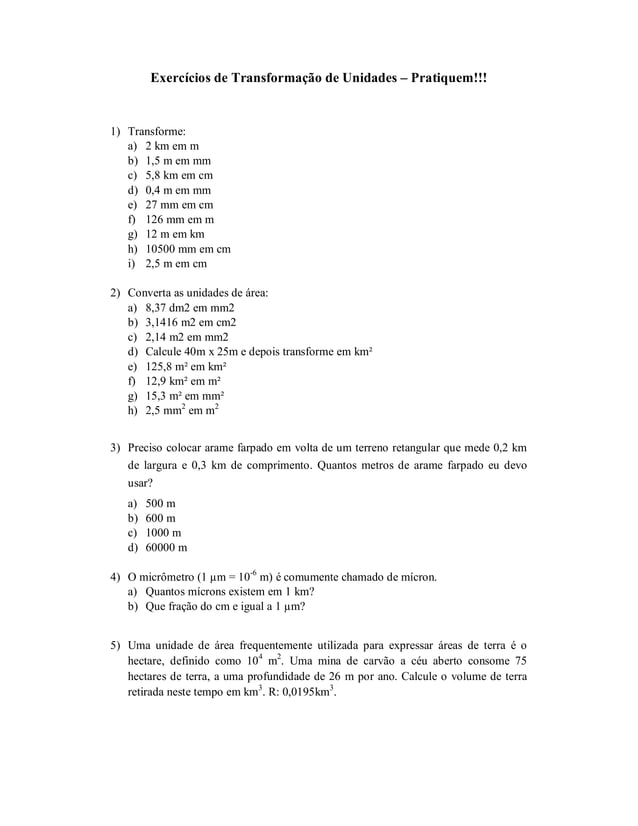 Exerc cios De Transforma o De Unidades PDF