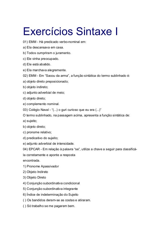 Exercícios sintaxe: termos essenciais da oração