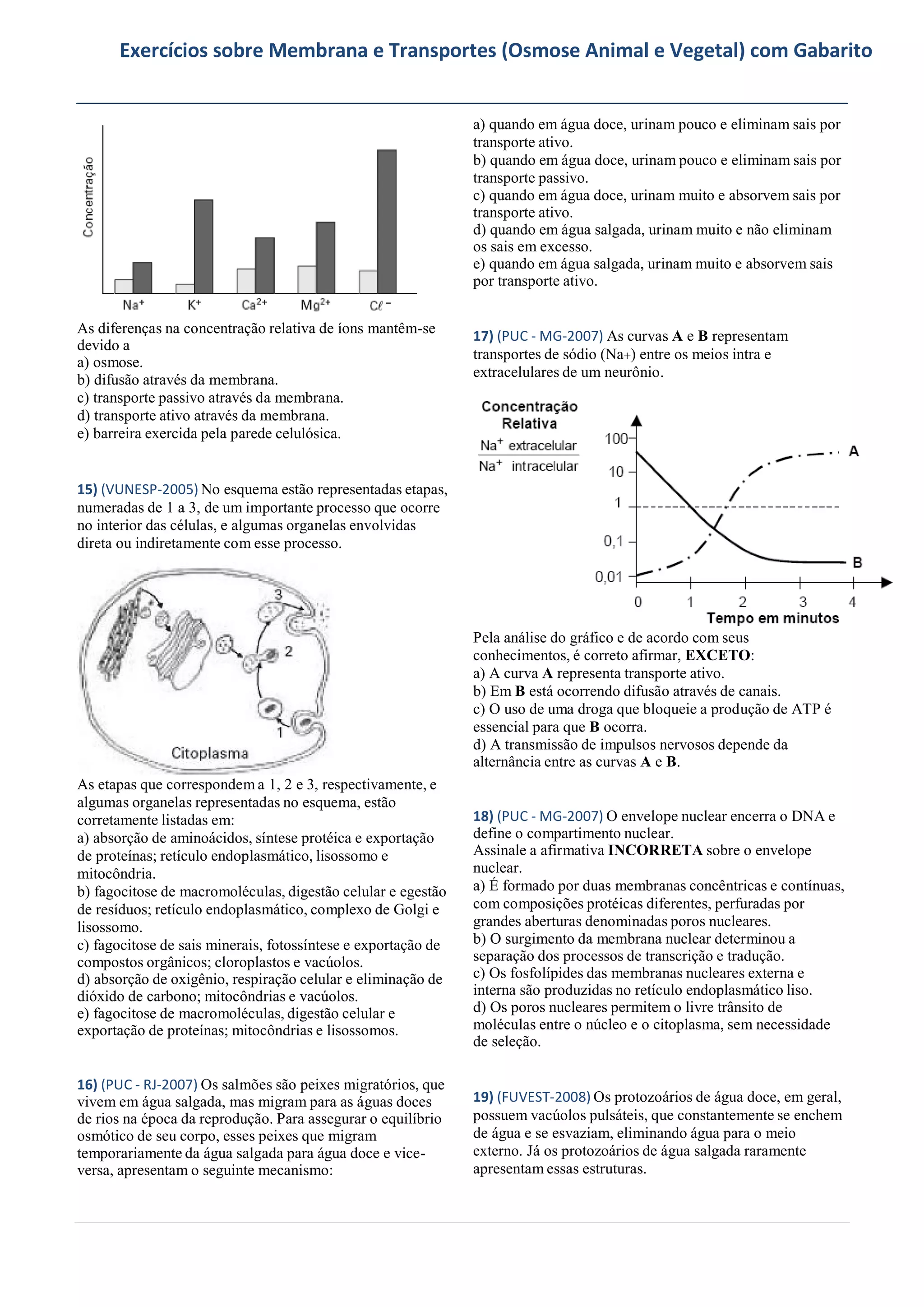 Exercícios sobre membrana e transportes osmose animal e vegetal | PDF