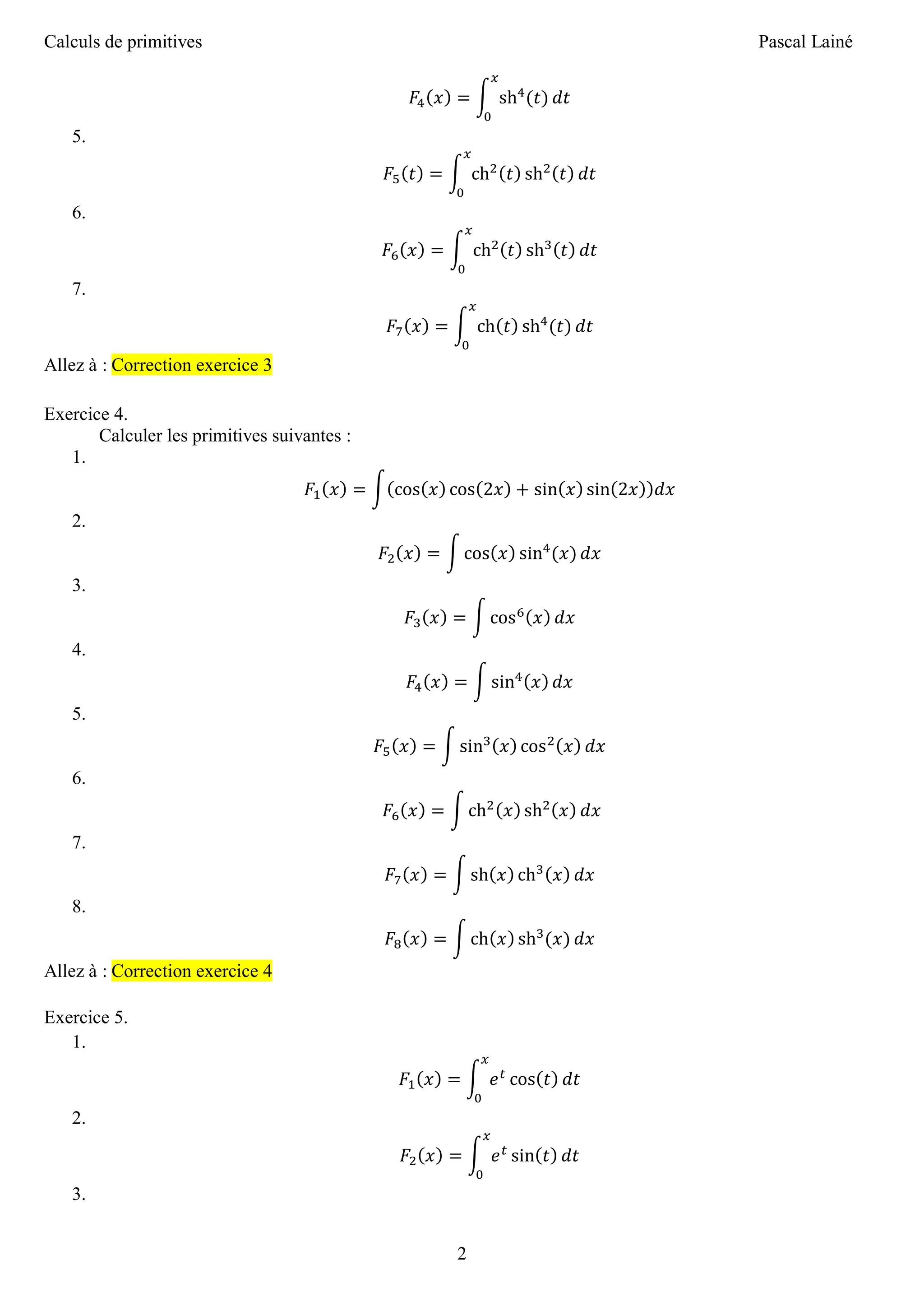 Exercices calculs de_primitives | PDF