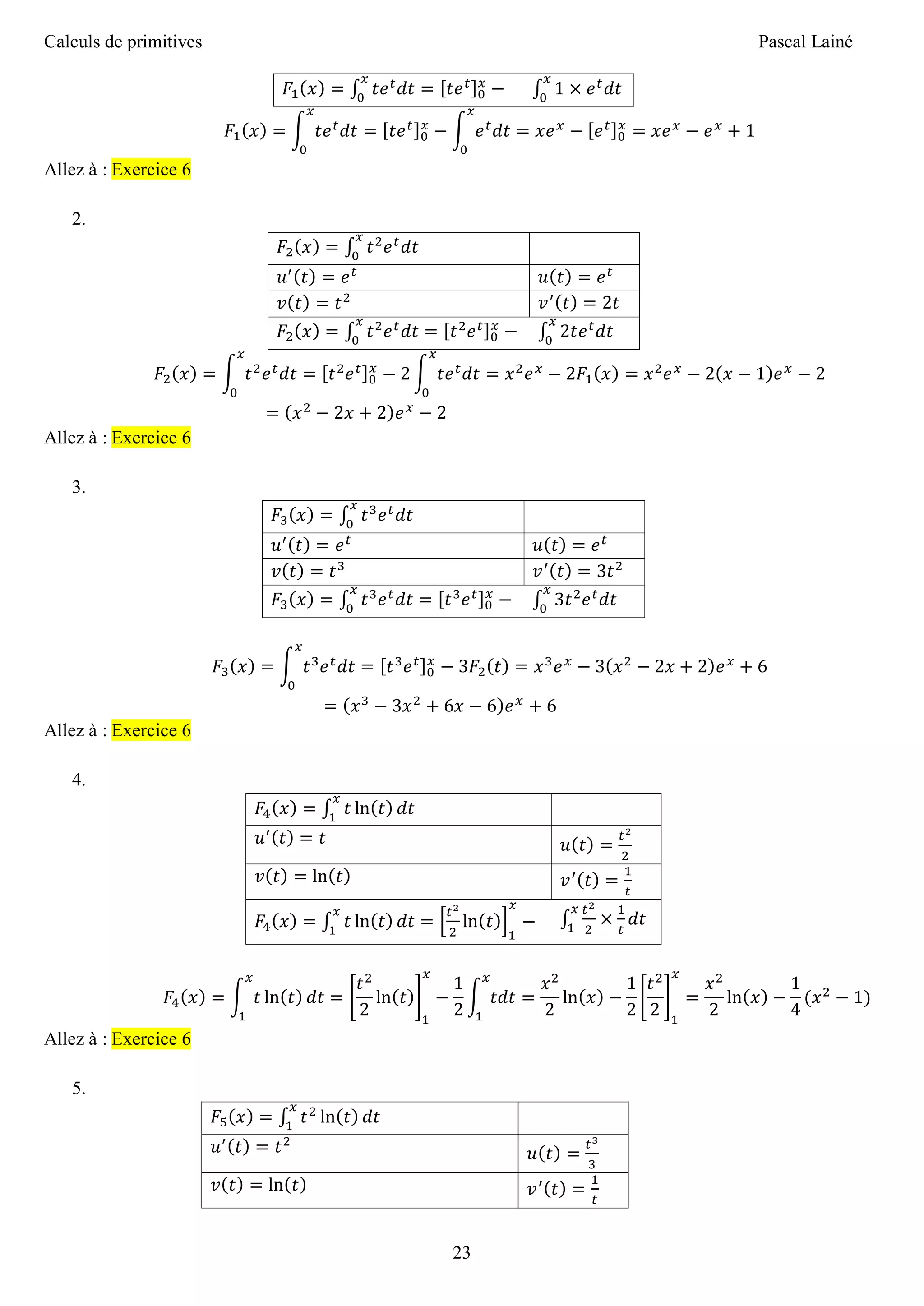 Exercices calculs de_primitives | PDF