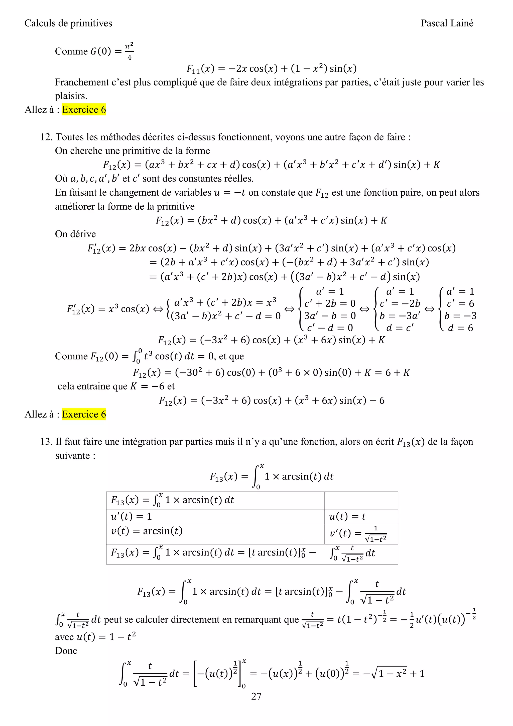 Exercices calculs de_primitives | PDF