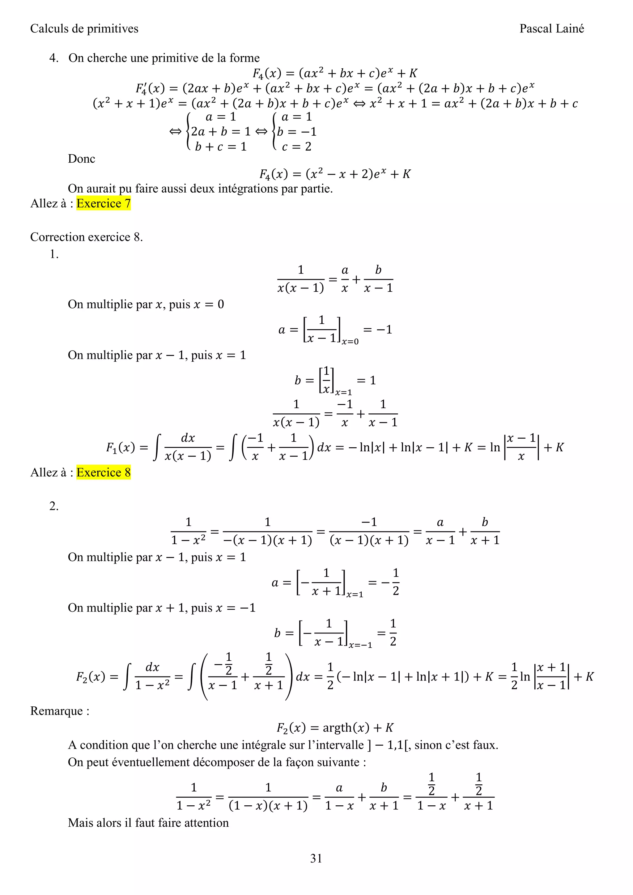 Exercices calculs de_primitives | PDF