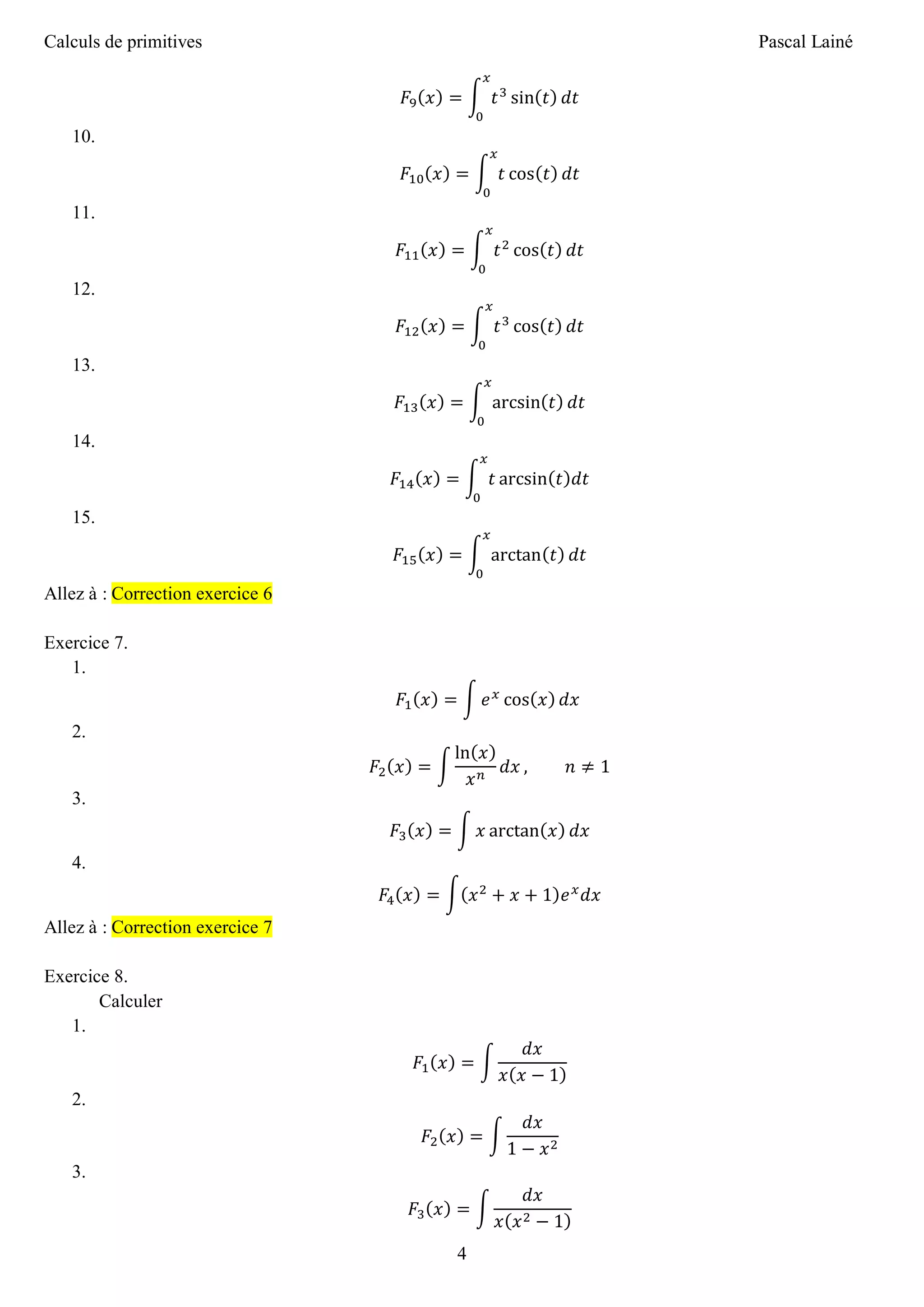 Exercices calculs de_primitives | PDF