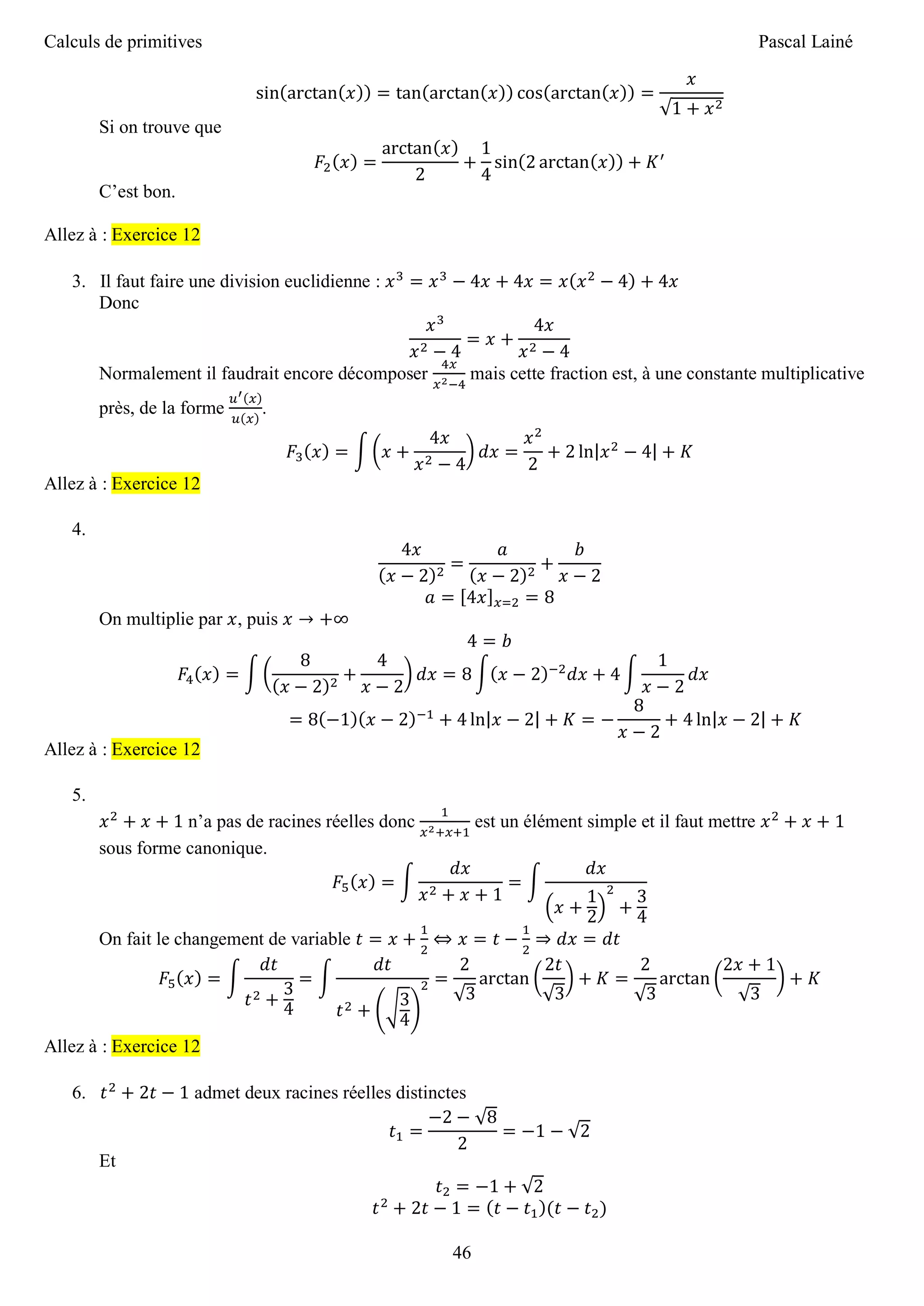 Exercices calculs de_primitives | PDF