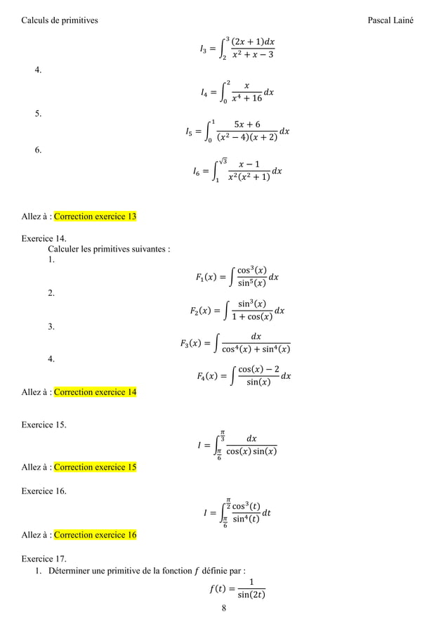 Exercices calculs de_primitives | PDF