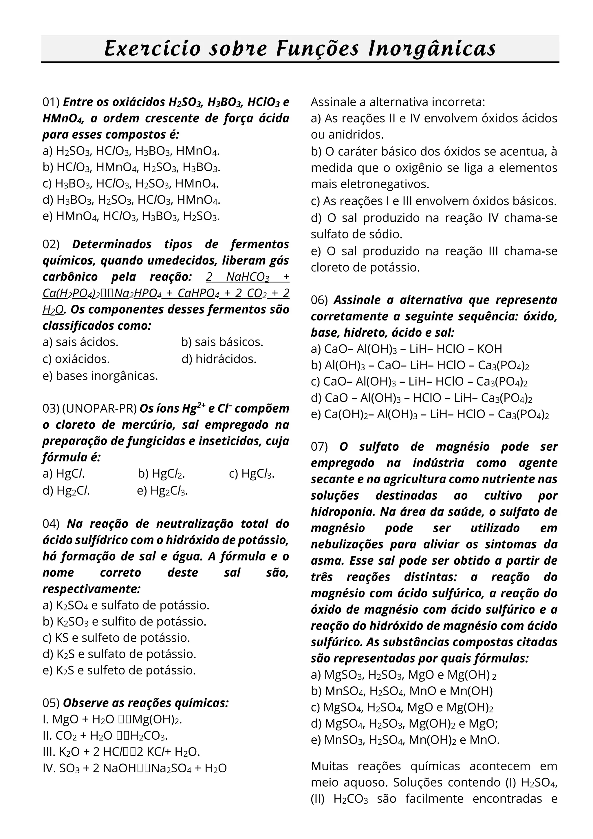 Exercicio de Funcoes Inorganicas | PDF | Chemistry | Science