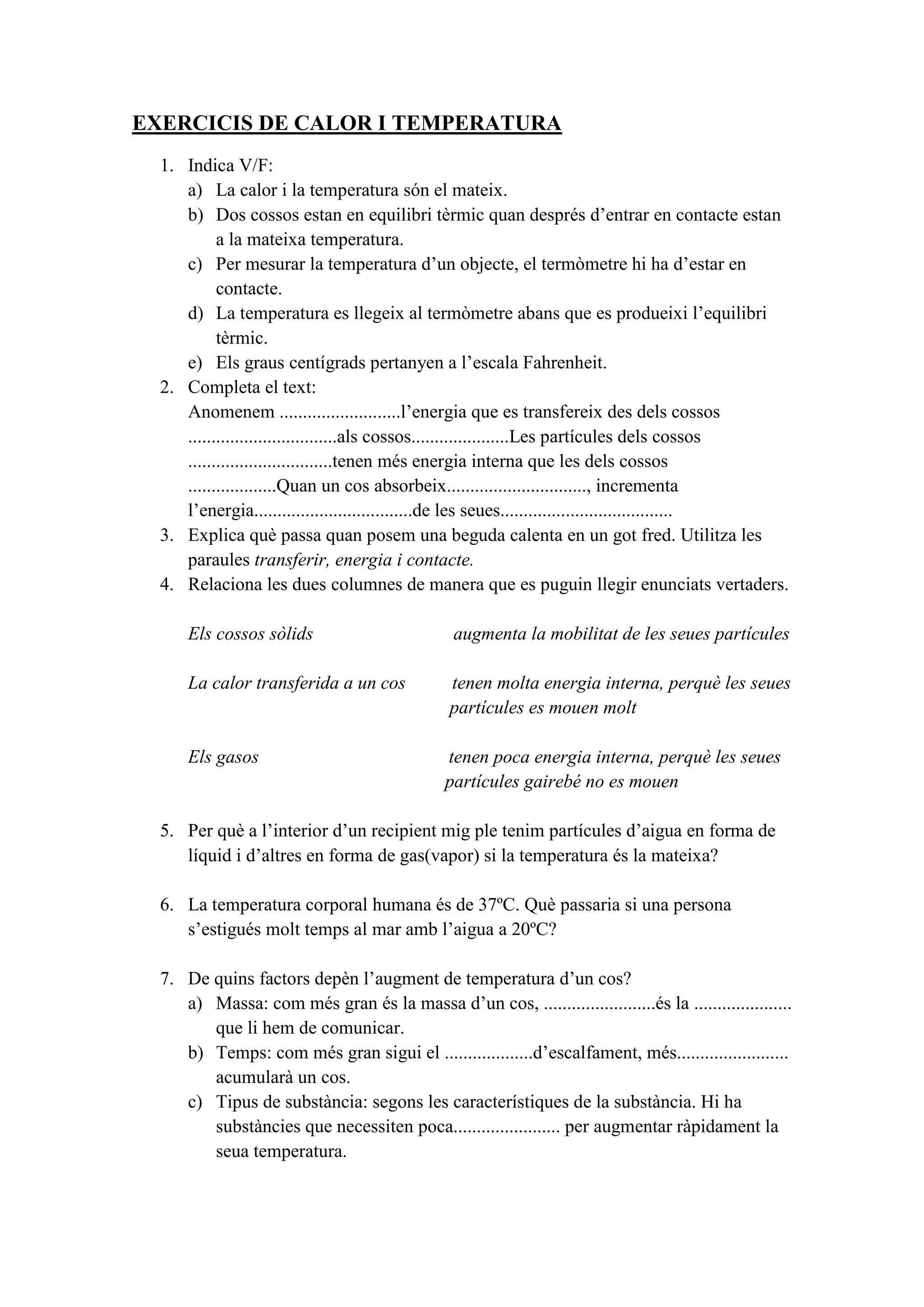 Exercicis de calor i temperatura | DOCX