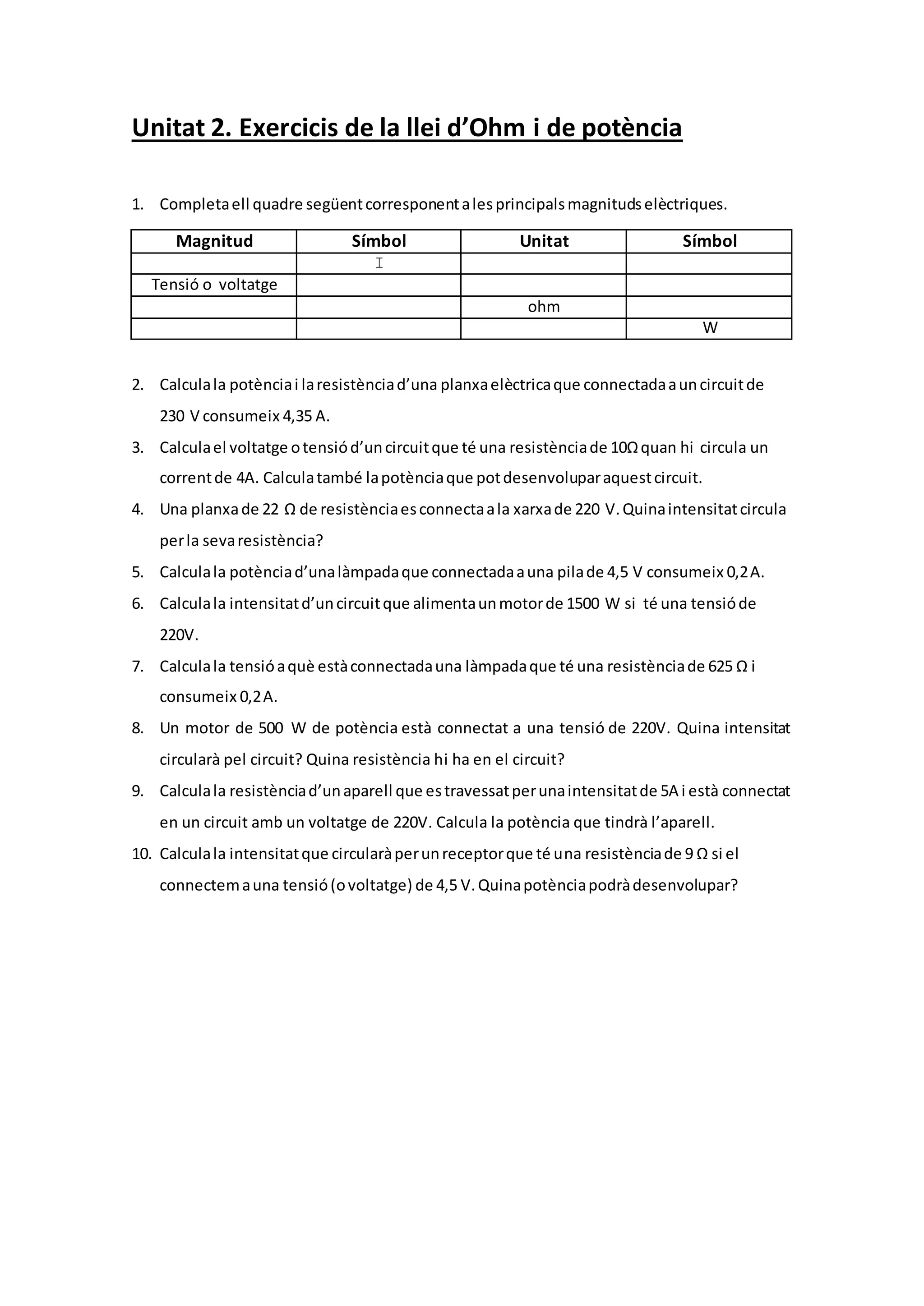 Exercicis llei ohm i potencia | PDF