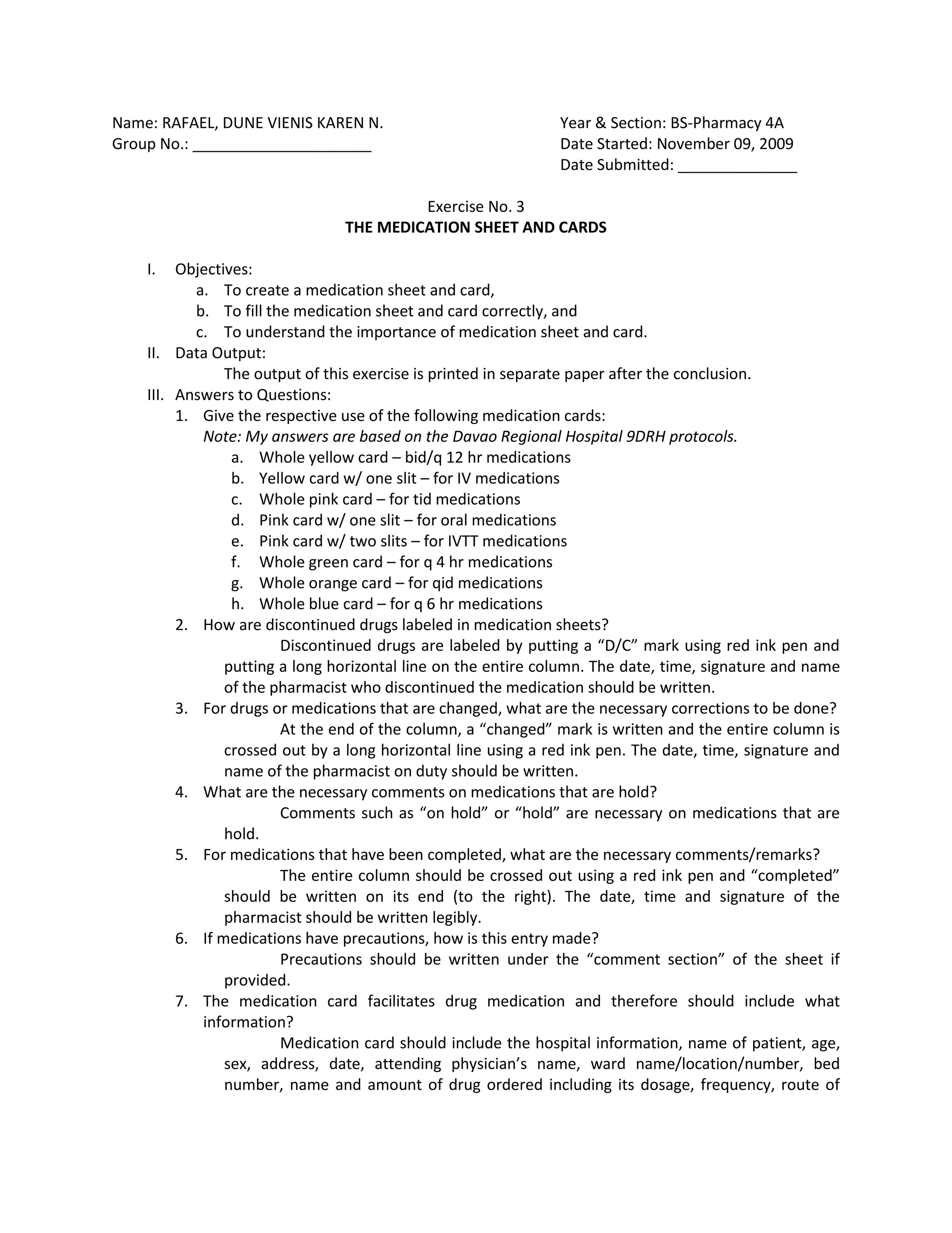 Exercise No 3 The Medication Sheet And Cards | DOCX