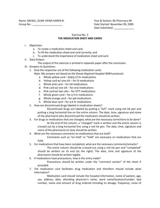 Exercise No 3 The Medication Sheet And Cards | DOCX