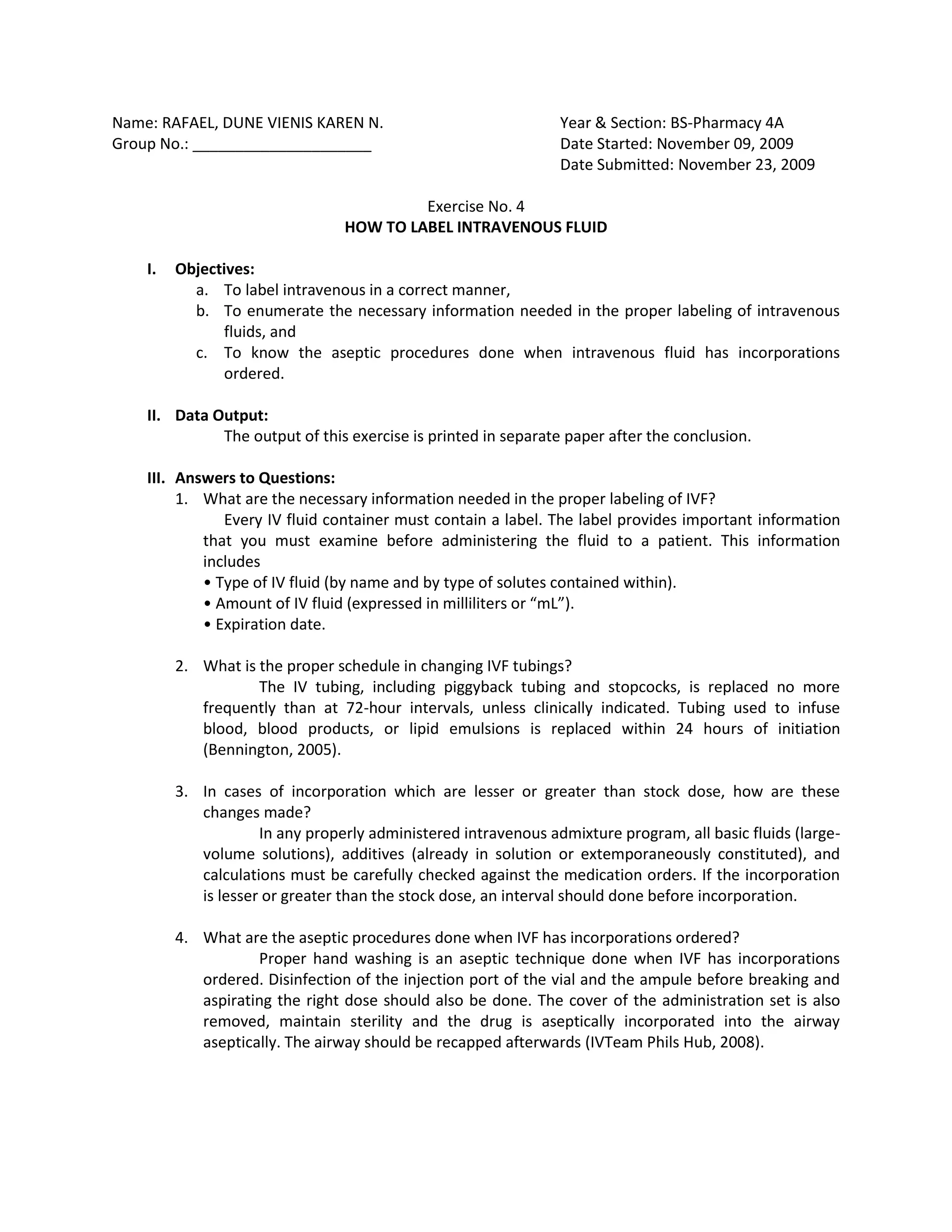 Exercise No 4 How To Label Intravenous Fluid | DOCX