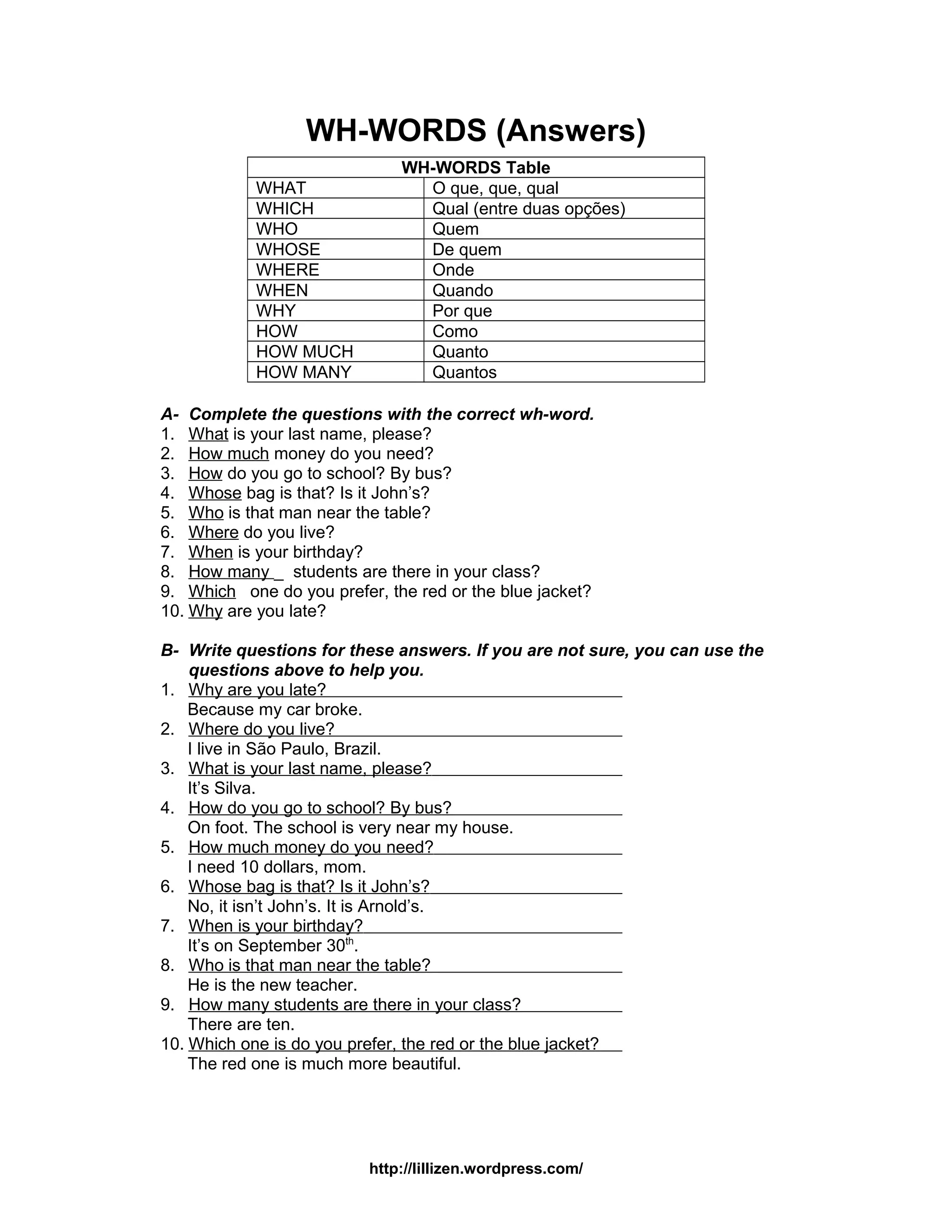 Exercise wh-words | DOC