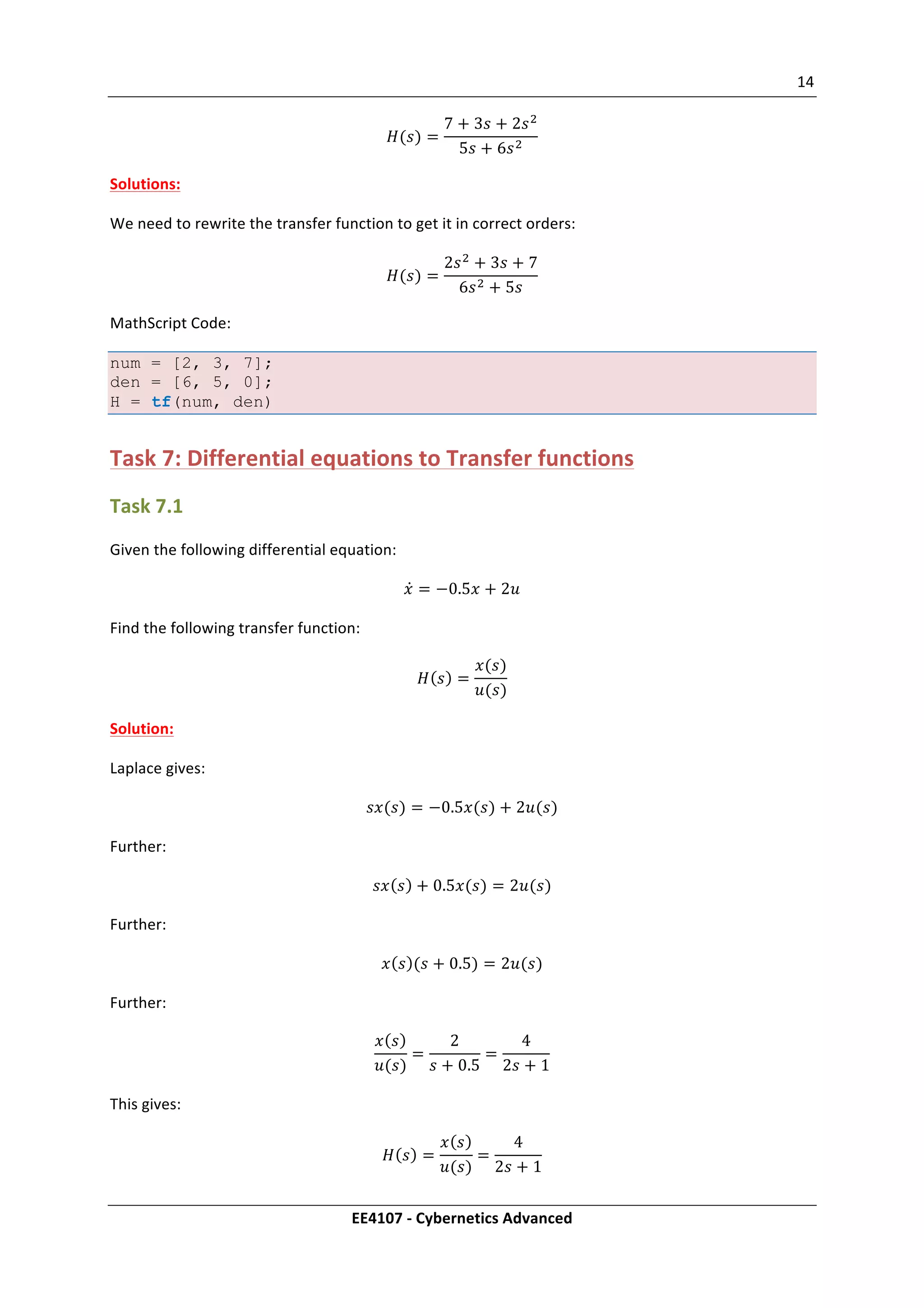 Exercise 1a transfer functions - solutions | PDF