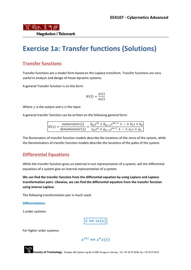 Exercise 1a transfer functions - solutions | PDF