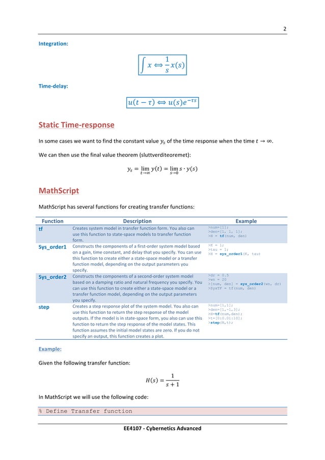 Exercise 1a transfer functions - solutions | PDF