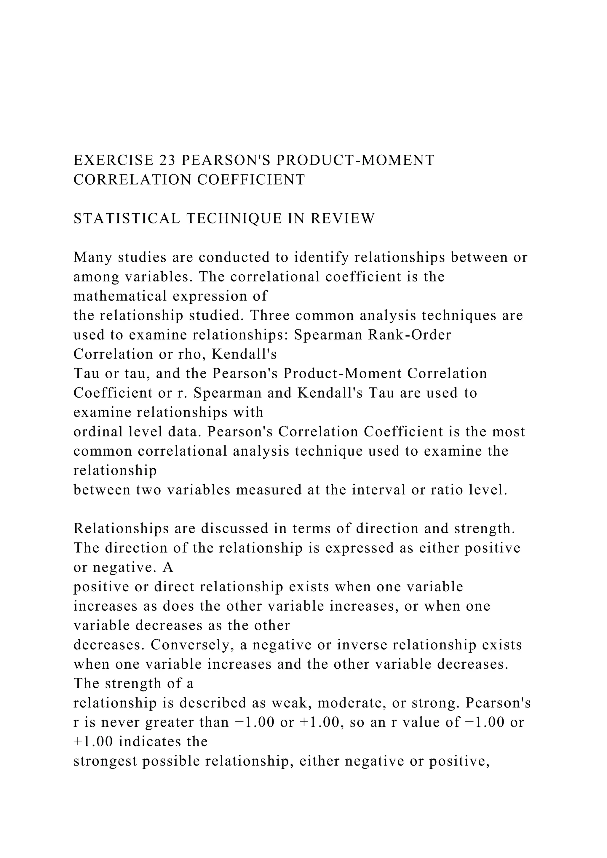 EXERCISE 23 PEARSONS PRODUCT-MOMENT CORRELATION COEFFICIENT .docx