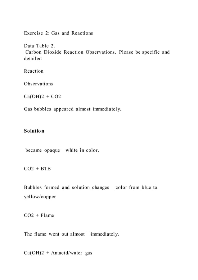 Exercise 2 Gas and ReactionsData Table 2. Carbon Dioxide Reac | DOCX