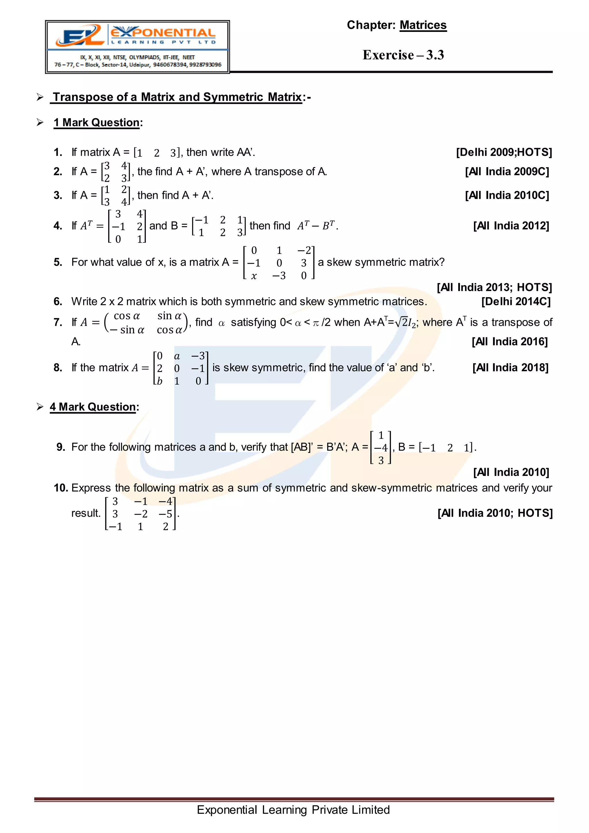 Exercise 3.3 (Previous Year Question) | PDF