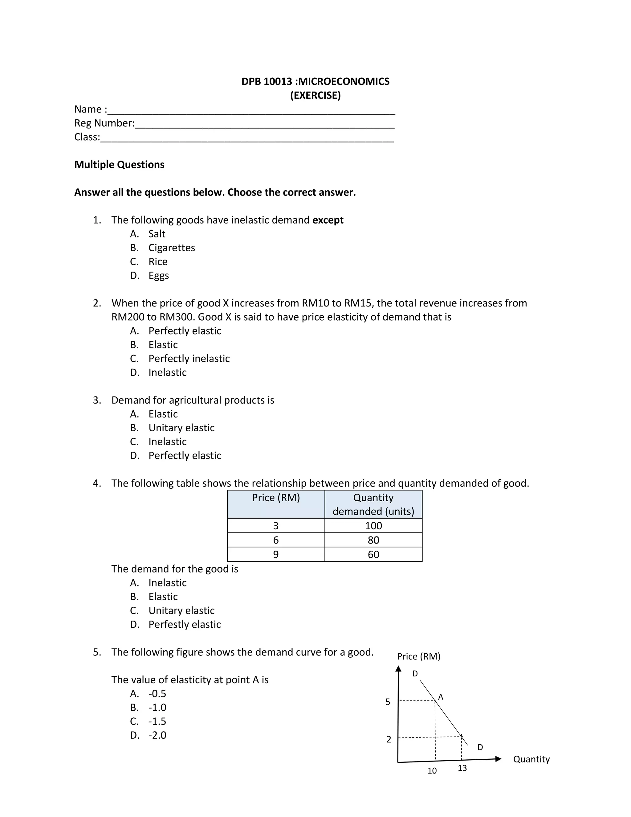 Exercise Elasticity Demand And Supply | PDF