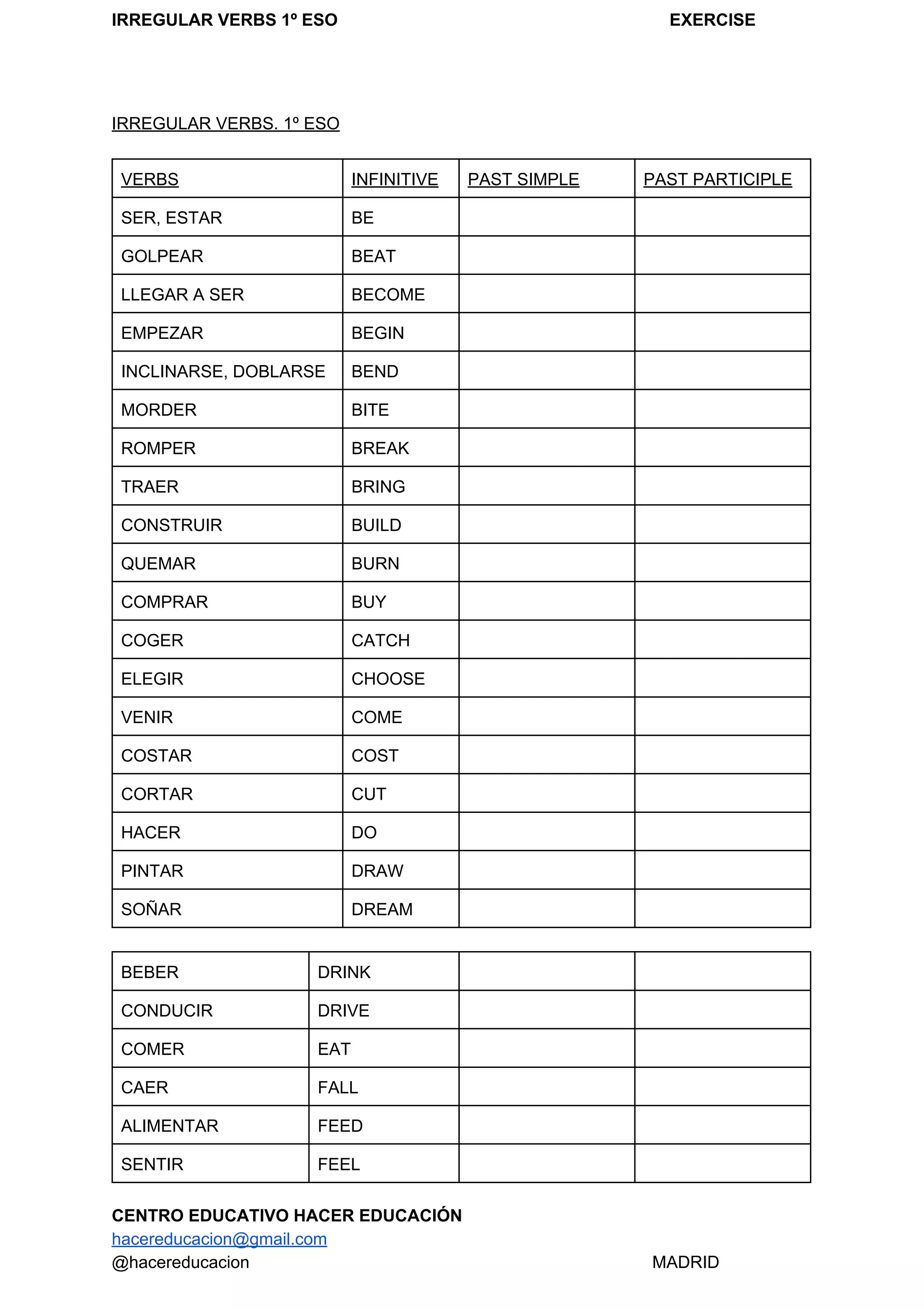 Exercise irregular verbs 1º ESO | PDF