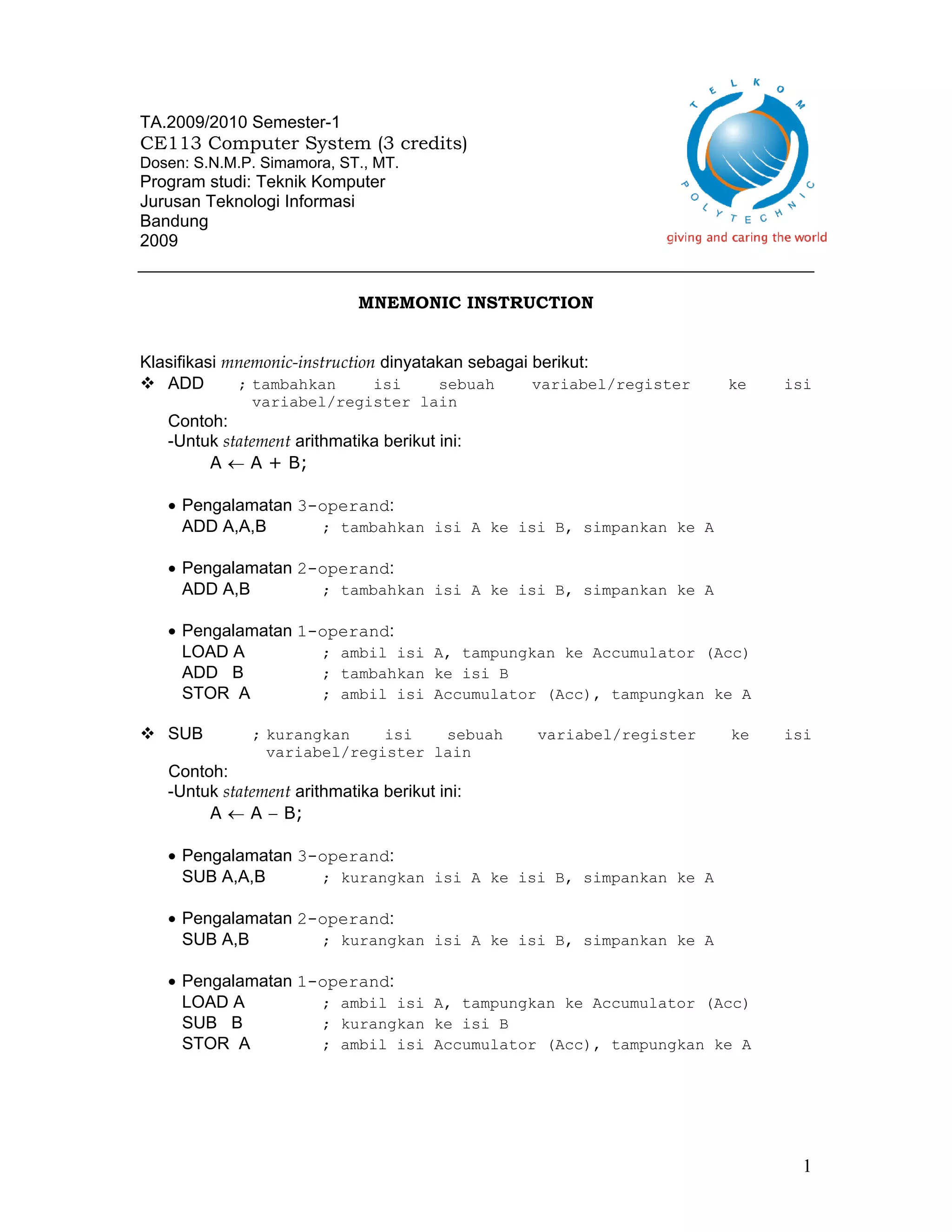 Mnemonic Instruction | PDF