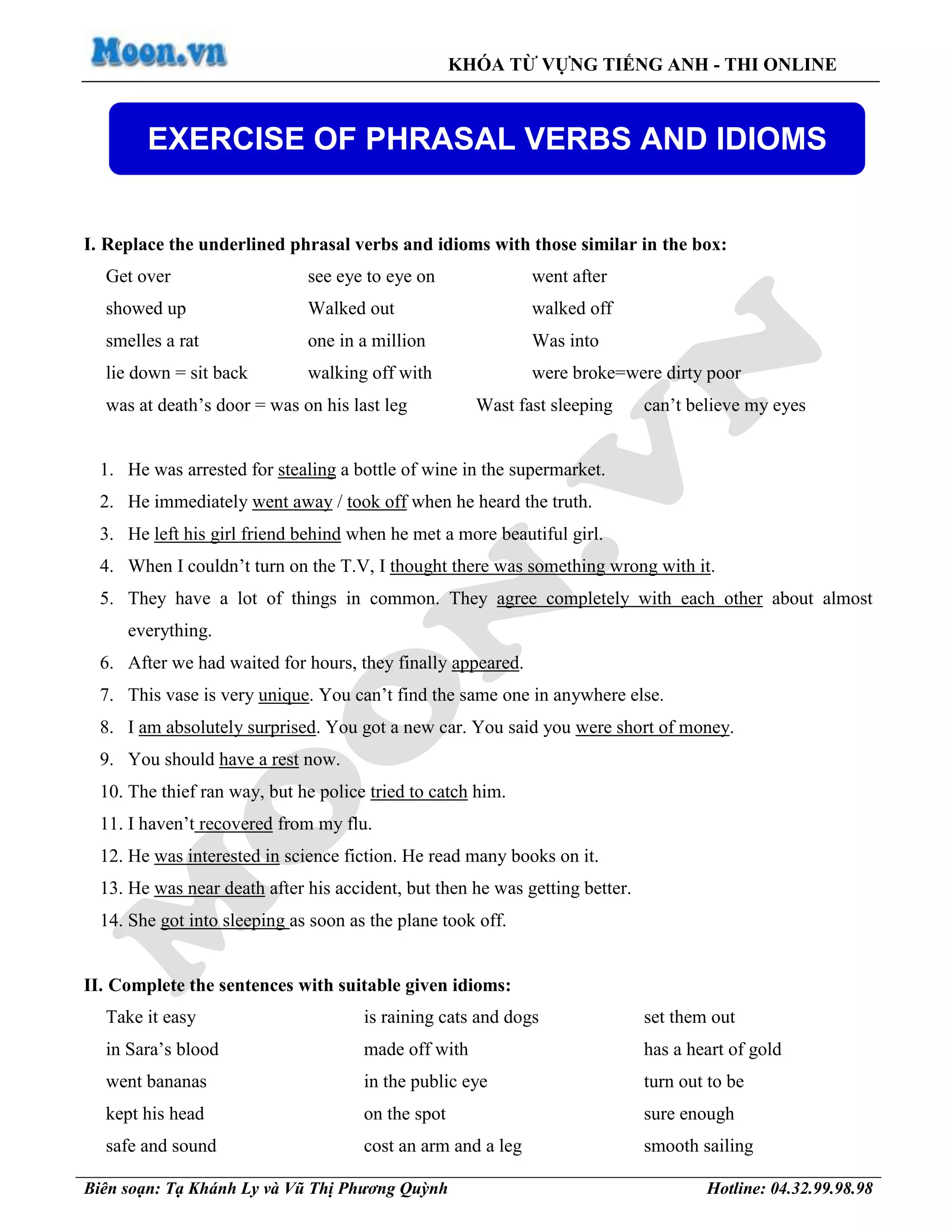 Exercise of phrasal verbs and idioms | PDF