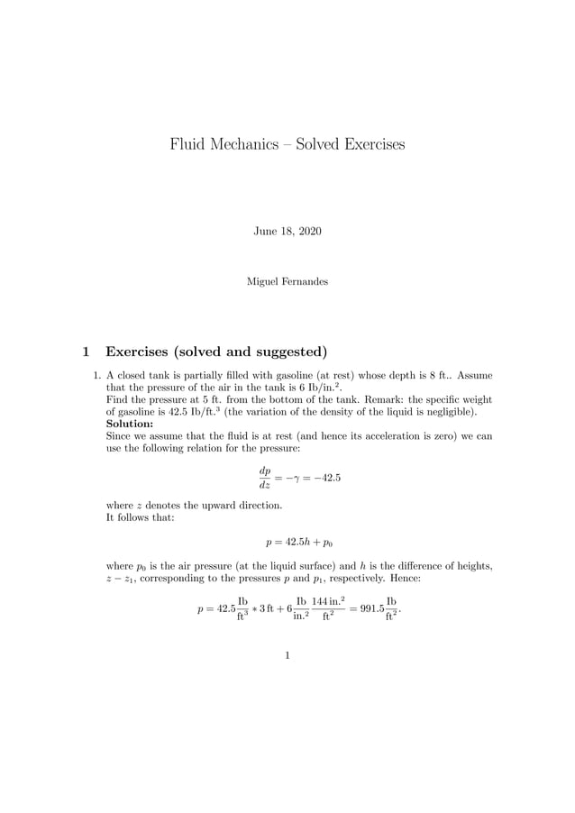 Fluid Mechanics Exercises | PDF