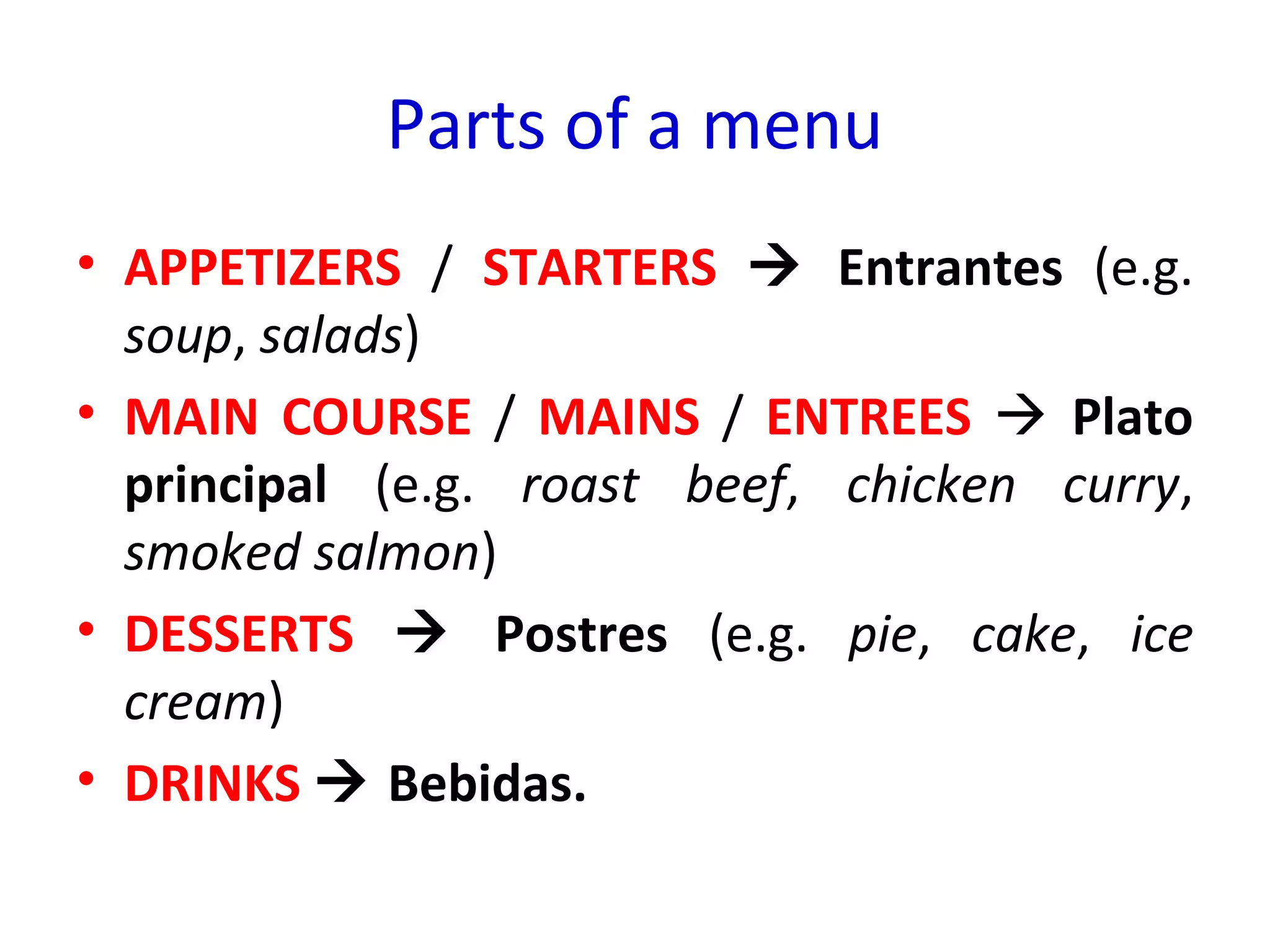 Exercises menu and restaurant phrases - with answer key | PPT