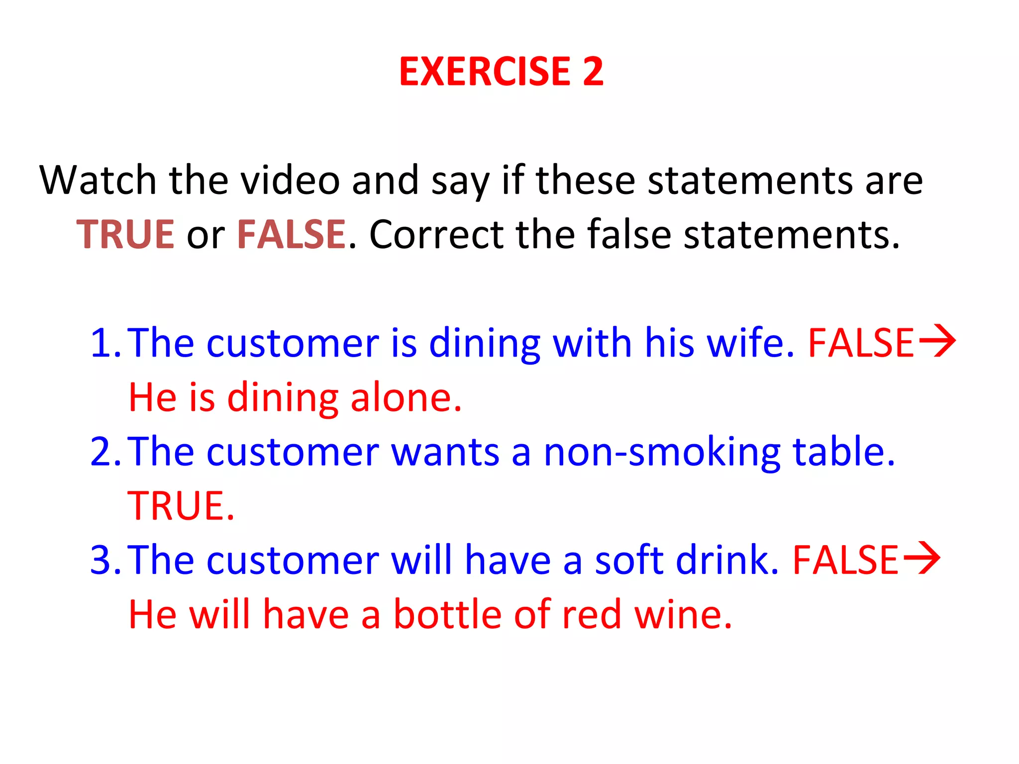 Exercises menu and restaurant phrases - with answer key | PPT