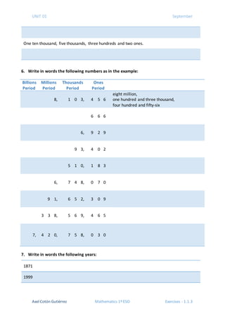 1 ESO - Unit 1 - Exercises 1.1 | PDF