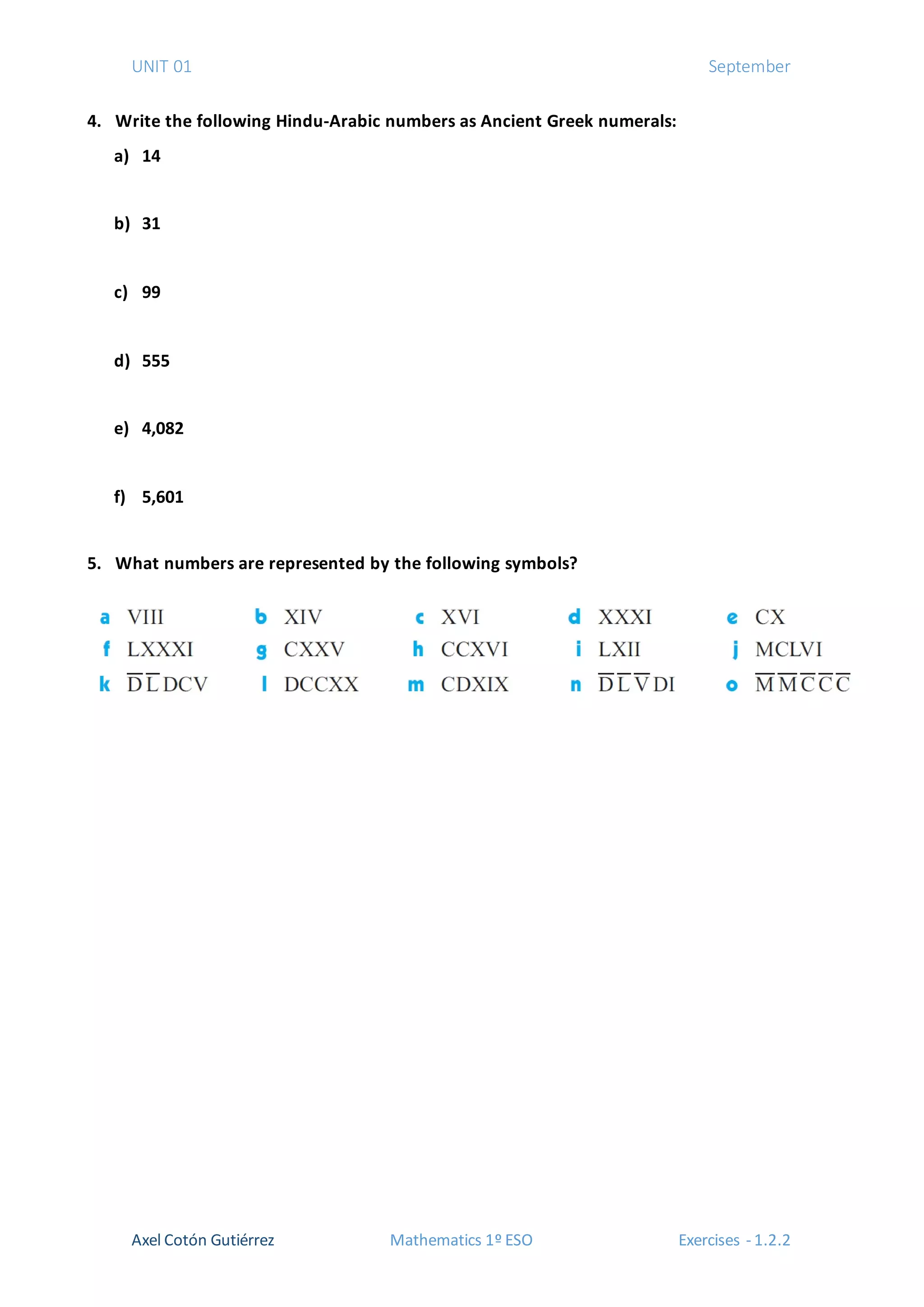 1 ESO - Unit 1- Exercises 1.2 | PDF