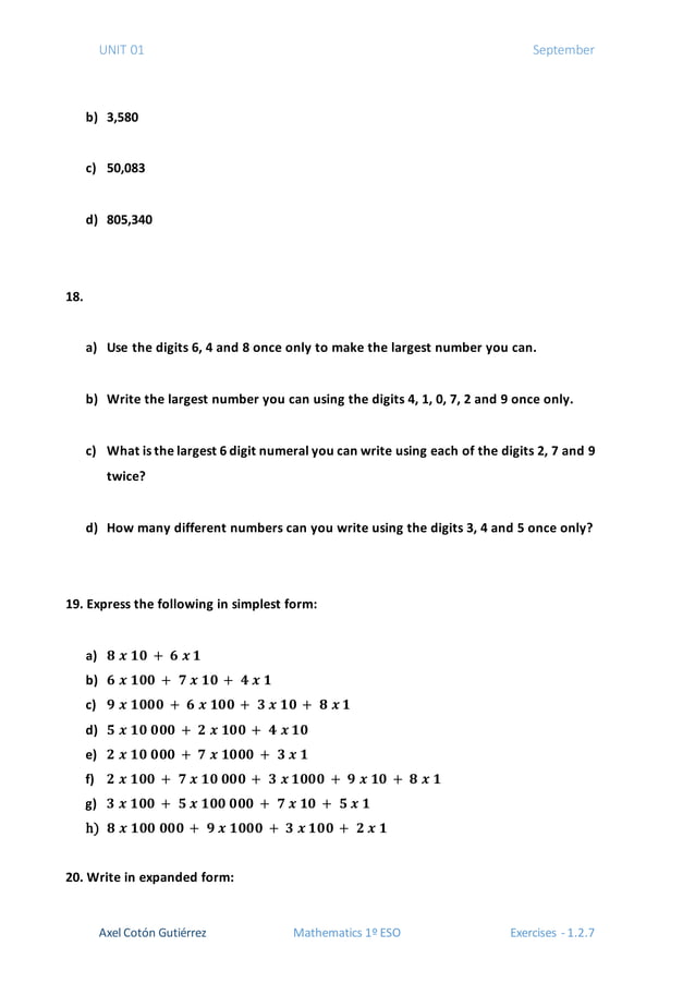 1 ESO - Unit 1- Exercises 1.2 | PDF