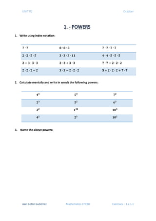 1º ESO - UNIT 02 - Exercises 2.1 - Powers | PDF