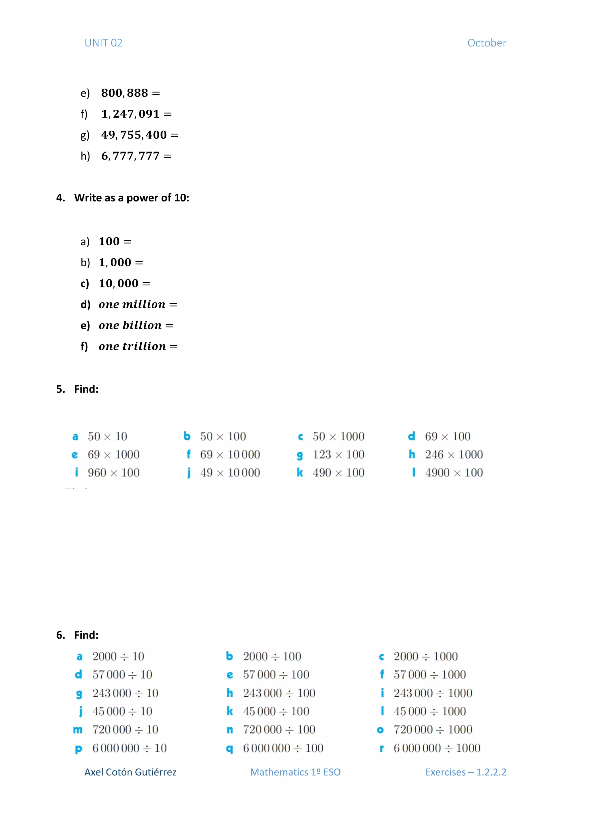 1 ESO - Unit 2 - Exercises 2.2 - Powers of 10 | PDF | Physics | Science