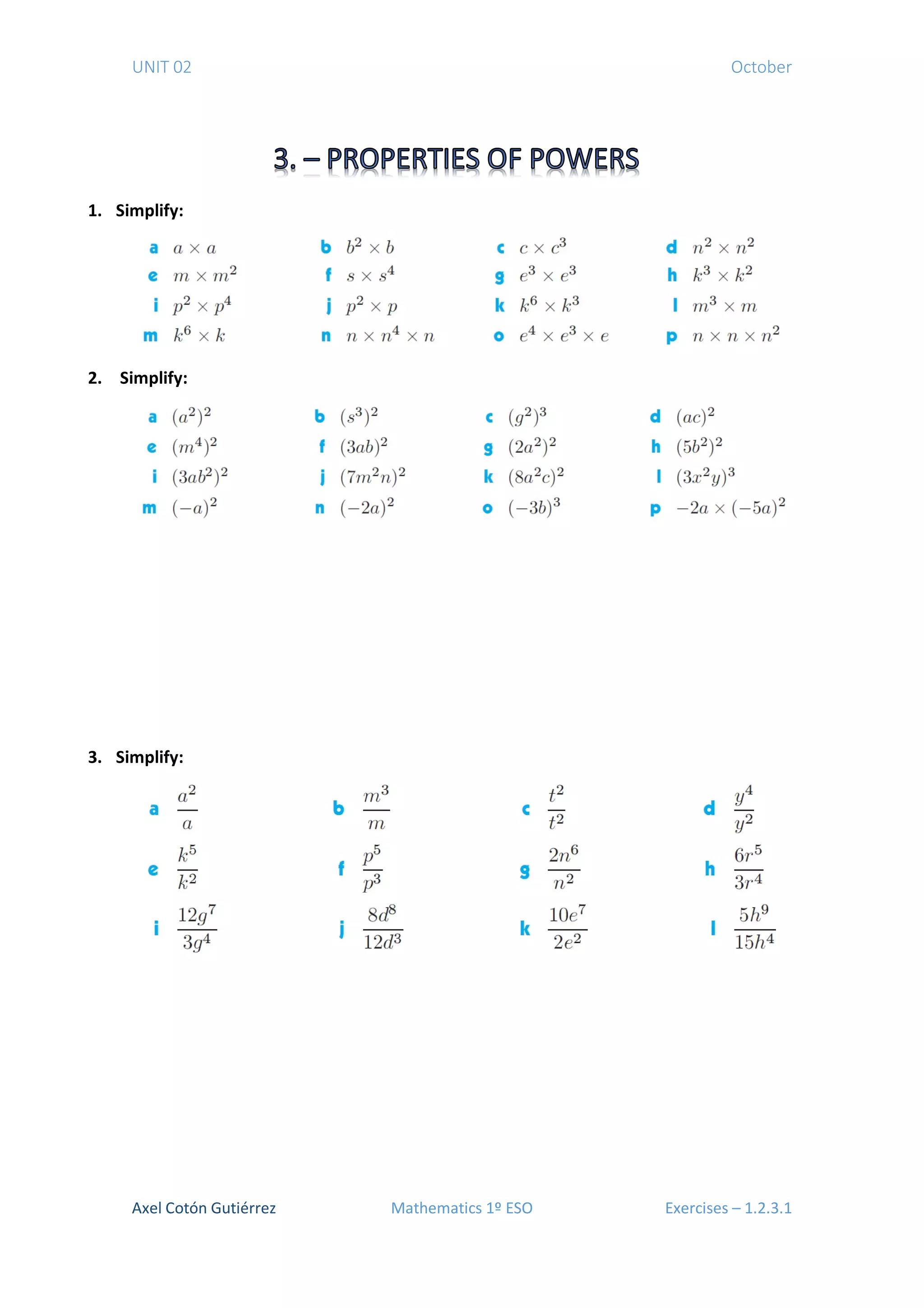 1 ESO - Unit 02 - Exercises 2.3 - Properties of Powers | PDF