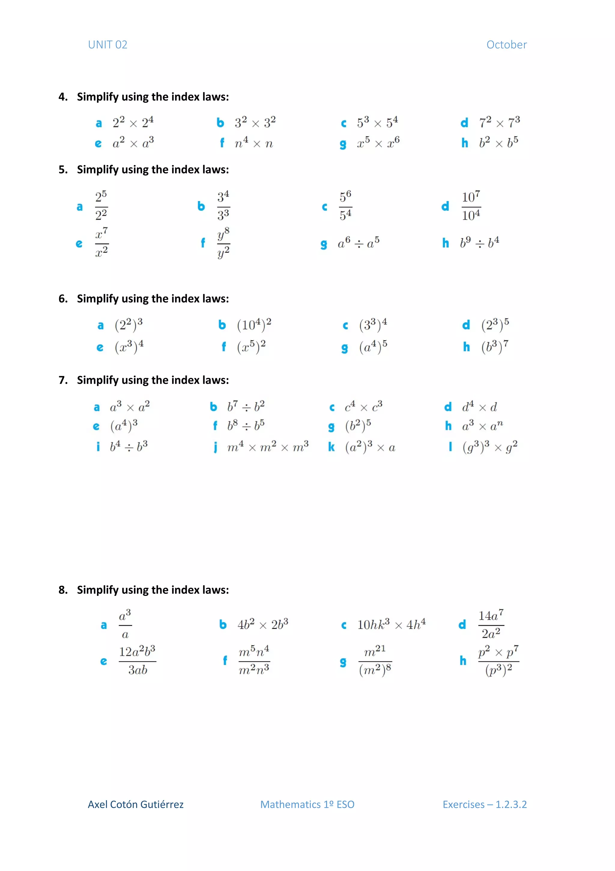 1 ESO - Unit 02 - Exercises 2.3 - Properties of Powers | PDF
