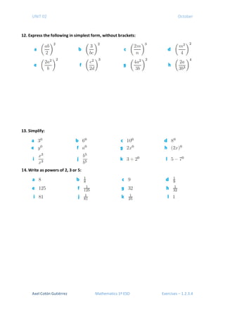 1 ESO - Unit 02 - Exercises 2.3 - Properties of Powers | PDF | Science