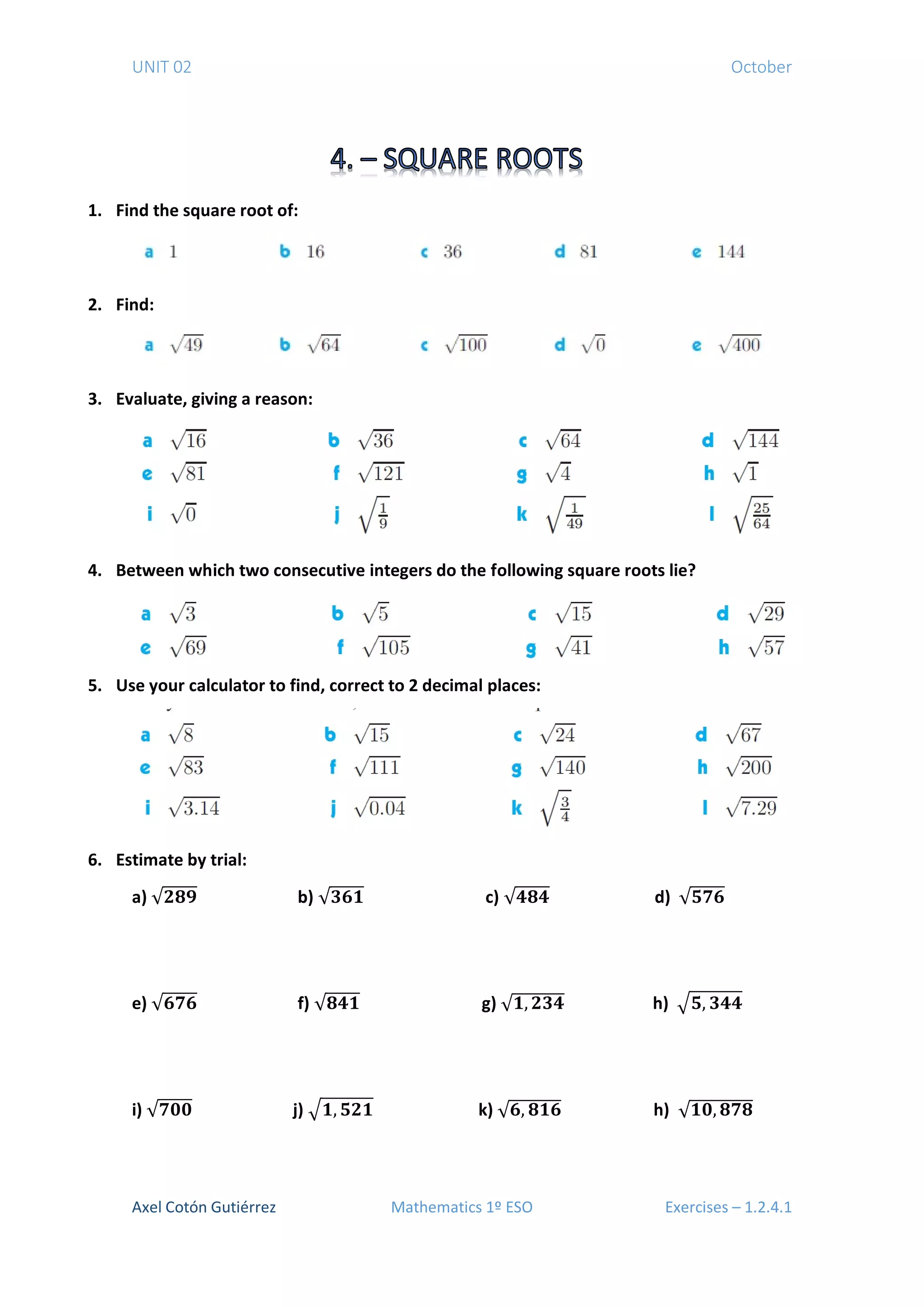 1 ESO - Unit 02 - Exercises 2.4 - Square Roots | PDF