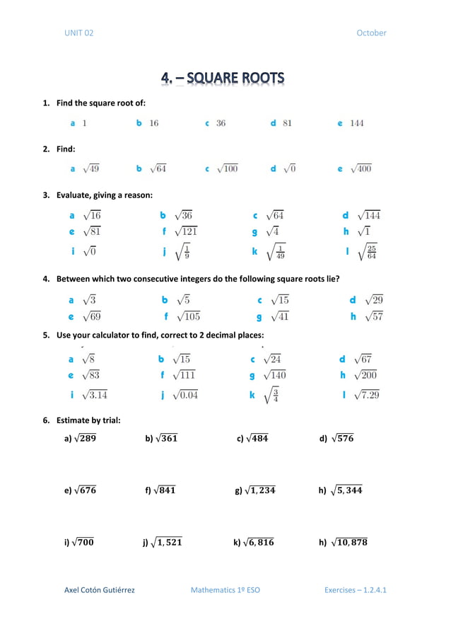 1 ESO - Unit 02 - Exercises 2.4 - Square Roots | PDF | Technology ...