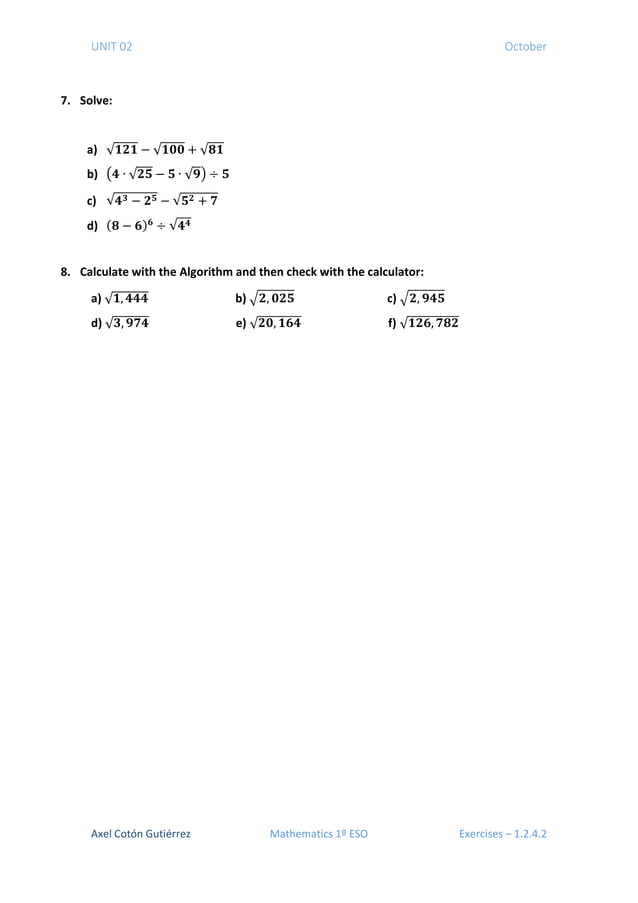 1 ESO - Unit 02 - Exercises 2.4 - Square Roots | PDF | Technology ...