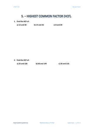 1 ESO - Unit 03 - Exercises 3.5 - HCF | PDF