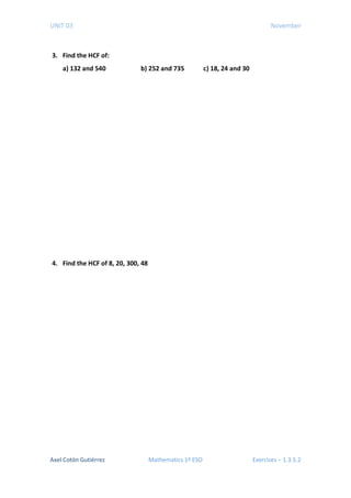 1 Eso Unit 03 Exercises 3 5 Hcf Pdf