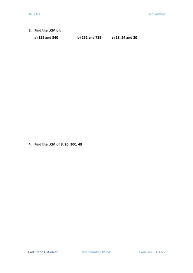 1 ESO - Unit 03 - Exercises 3.6 - LCM | PDF
